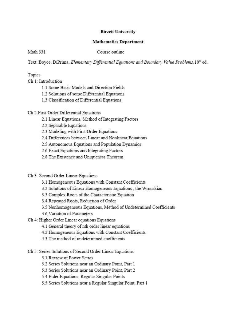 Outline Math 331 | PDF | Equations | Ordinary Differential Equation
