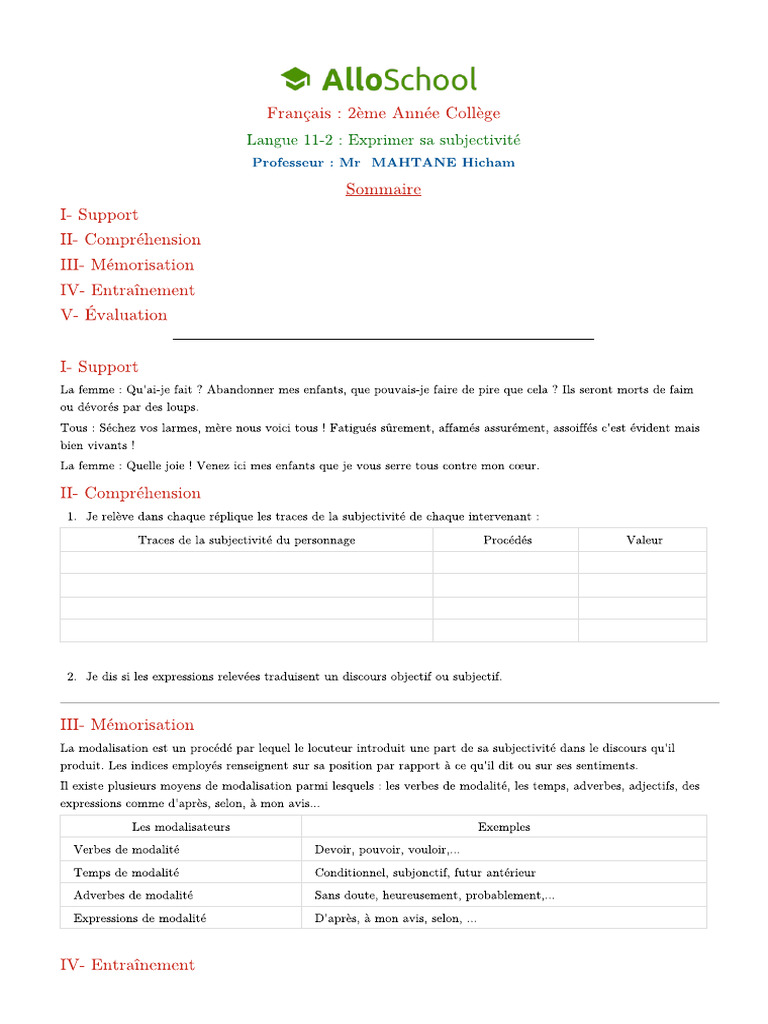 Langue 11 2 Exprimer Sa Subjectivite 2 | PDF