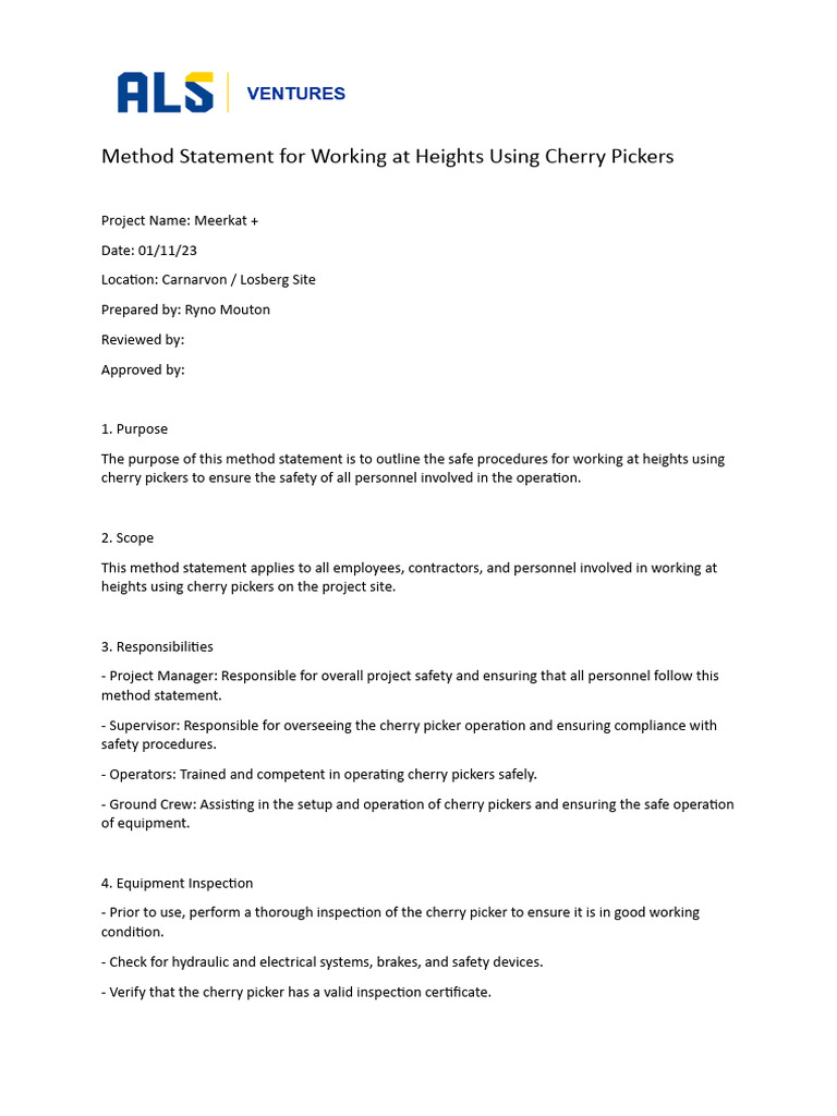 Method Statement for Working at Heights Using Cherry Pickers | PDF ...