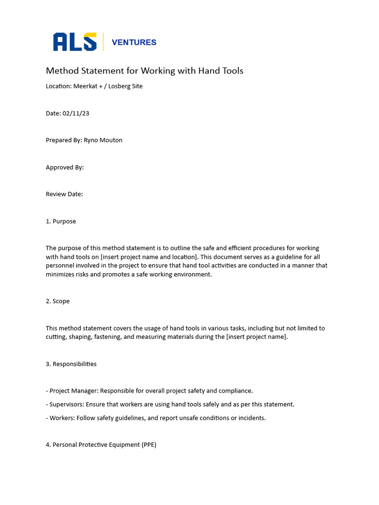 Safe Hand Tool Use Method Statement | PDF | Tools | Personal Protective ...