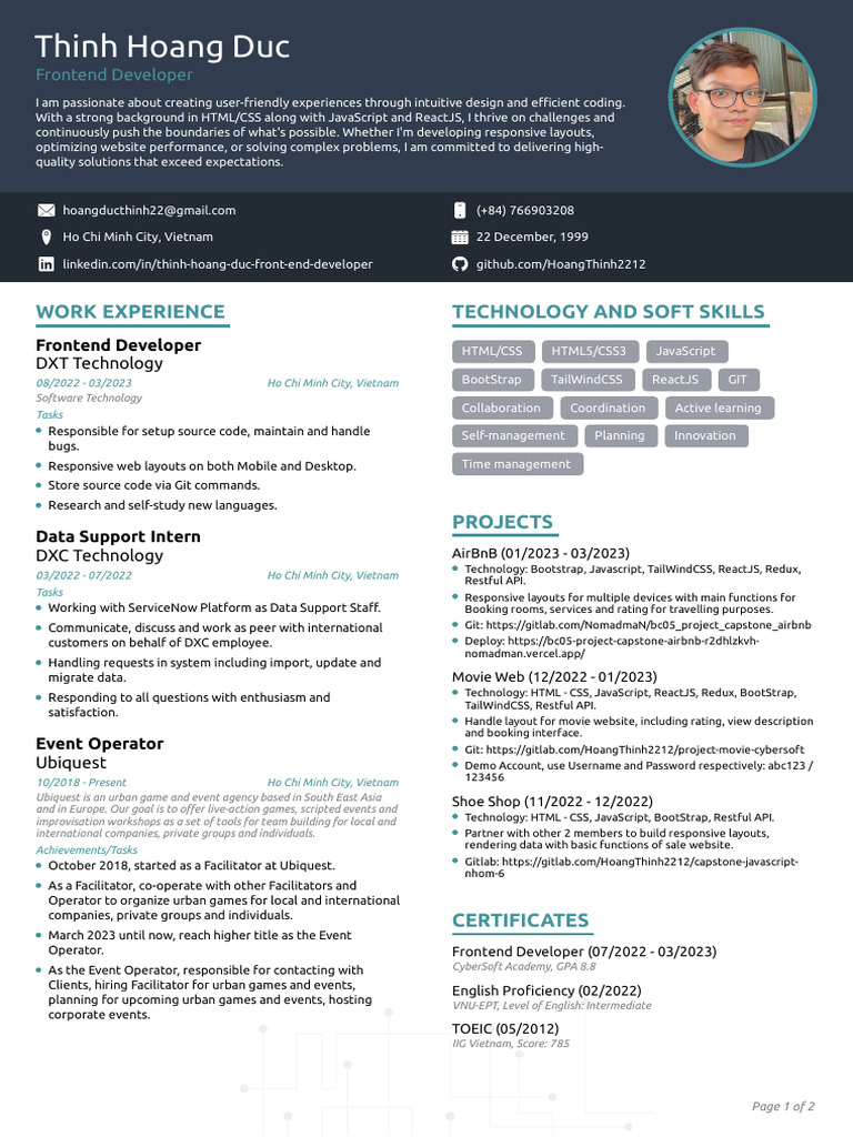 Hoang Duc Thinh Resume | PDF | Bootstrap (Front End Framework) | Html5