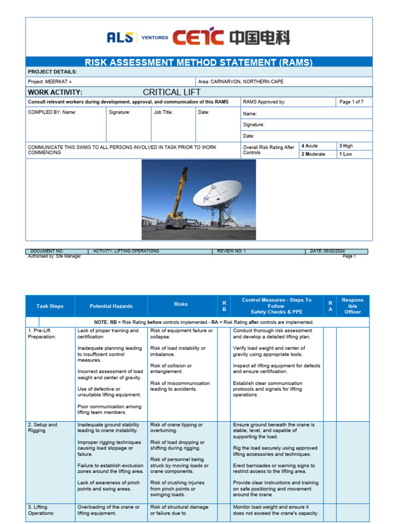 RAMS for Critical Lifting Operations | PDF | Risk | Personal Protective ...