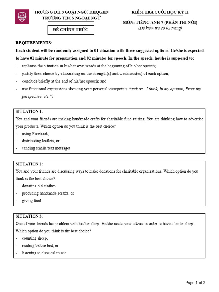 (Grade 7) Speaking Test Paper EOT2 1 | PDF