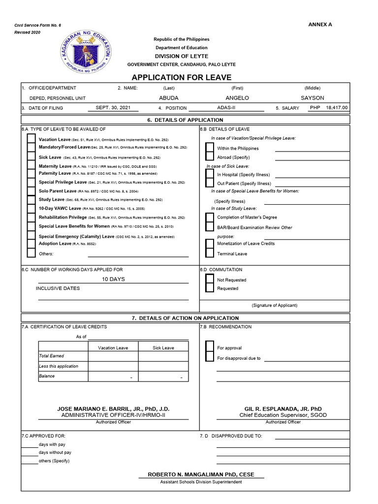 Form 6 - Application For Leave | PDF | Parental Leave | Sick Leave