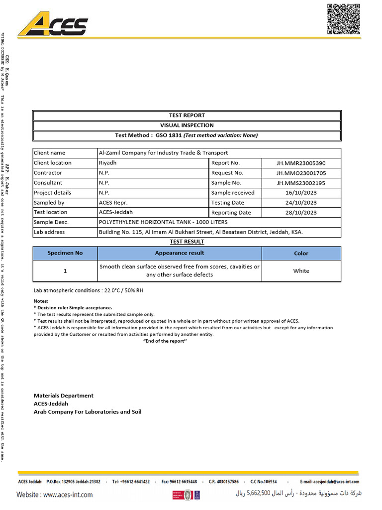Polyethylene Horizontal Tank - 1000 Liters Test Reports | PDF ...