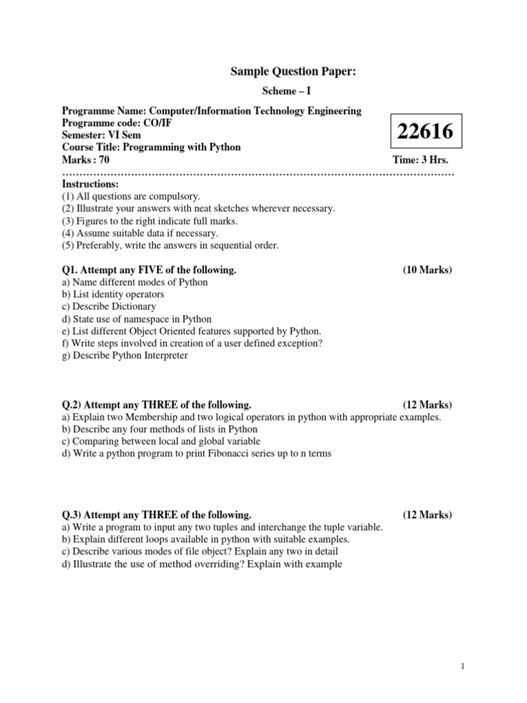 Sample Question Paper (Msbte Study Resources) | Download Free PDF | Python (Programming Language ...