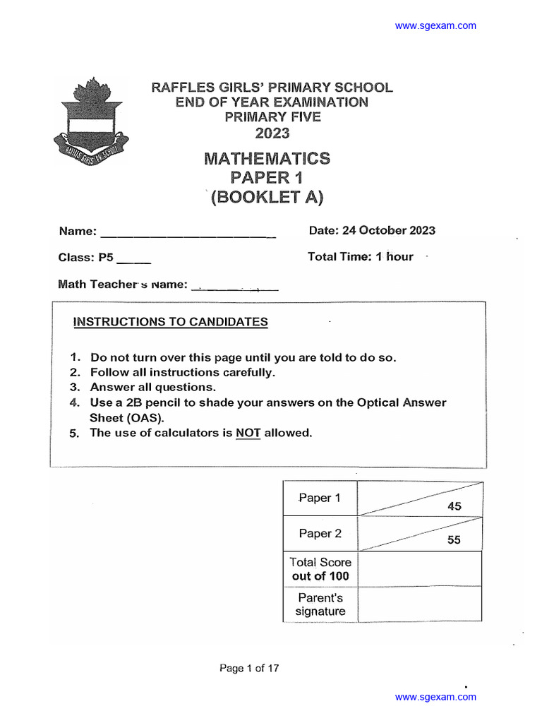 2023-P5-Maths-End of Year Exam-Raffles | PDF | Area | Science