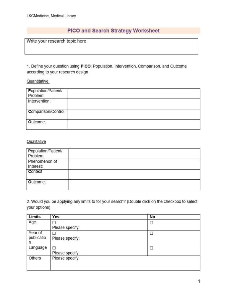 PICO and Search Strategy Worksheet - Medlib 1yg0l6w | PDF | Medicine ...