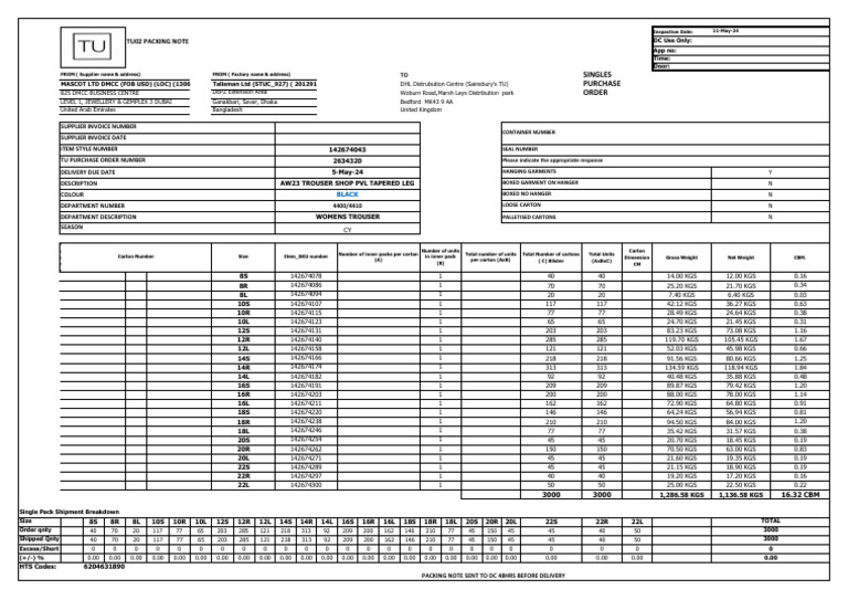 Women's Trousers Packing Note | PDF