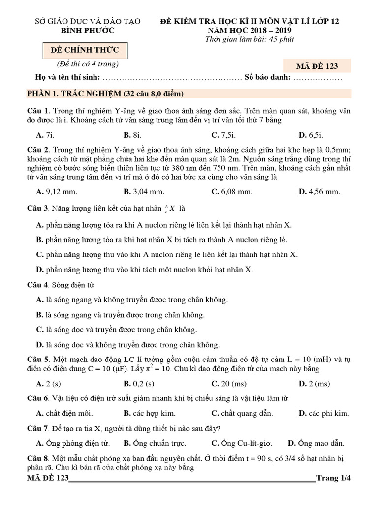 De Va Dap An Mon Ly hk2 2019 | PDF