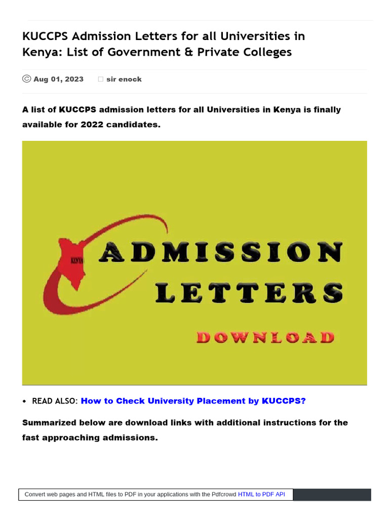 Kisiifinest Co Ke Kuccps Admission Letters For All Universit | PDF | Kenya