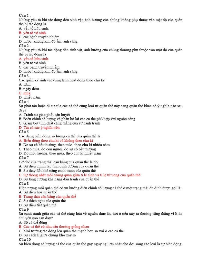 Dap An de Cuong Sinh Hoc 12 Hoc Ki II Gui HS | PDF