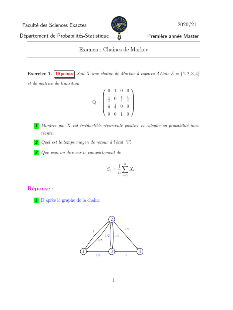 Solution Examen Markov 2021 | PDF | Chaîne de Markov | Physique mathématique