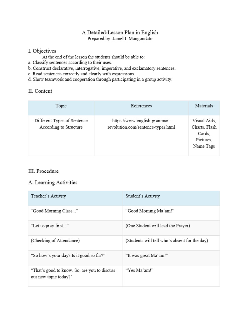 English Detailed Lesson Plan For-Demo | PDF | Question | Sentence (Linguistics)