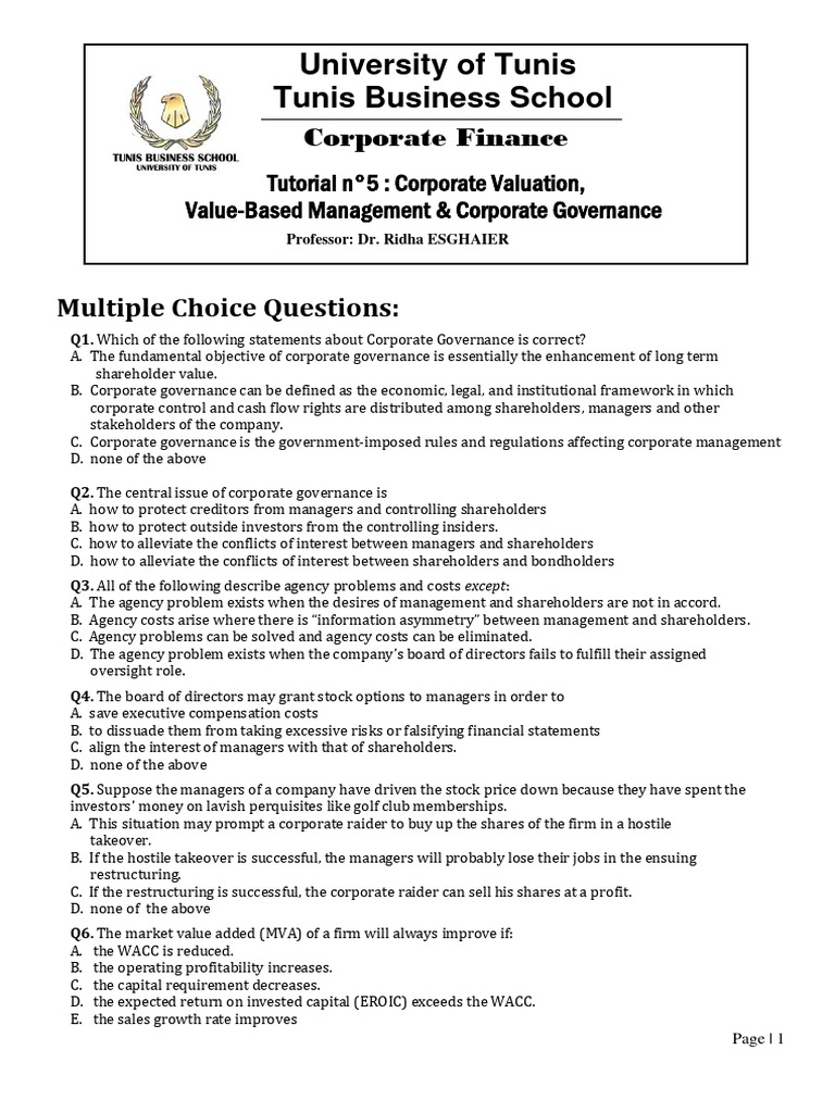 Corporate Valuation & Governance Tutorial | PDF | Dividend | Stocks