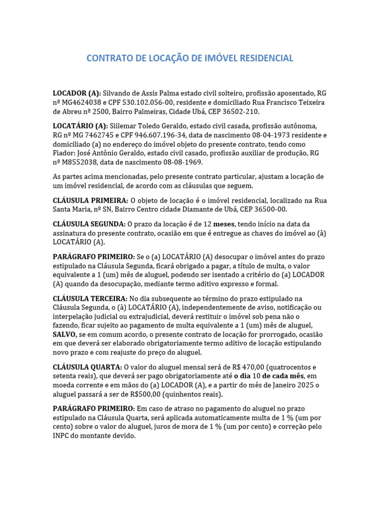 Modelo de Contrato de Aluguel Simples Word Para Preencher Atualizado ...