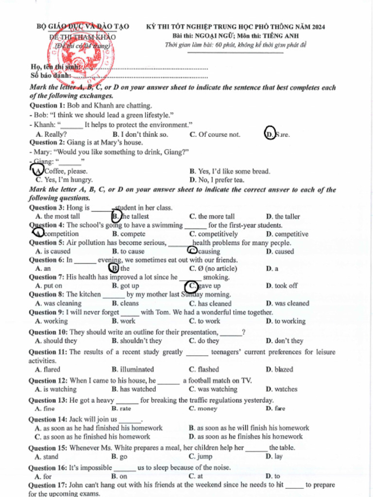 De Thi Minh Hoa THPT Quoc Gia 2024 Mon Tieng Anh | PDF