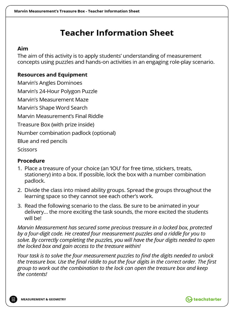 TeachStarter - Marvin Measurements Treasure Box Whole Class Game - 1791210 | PDF