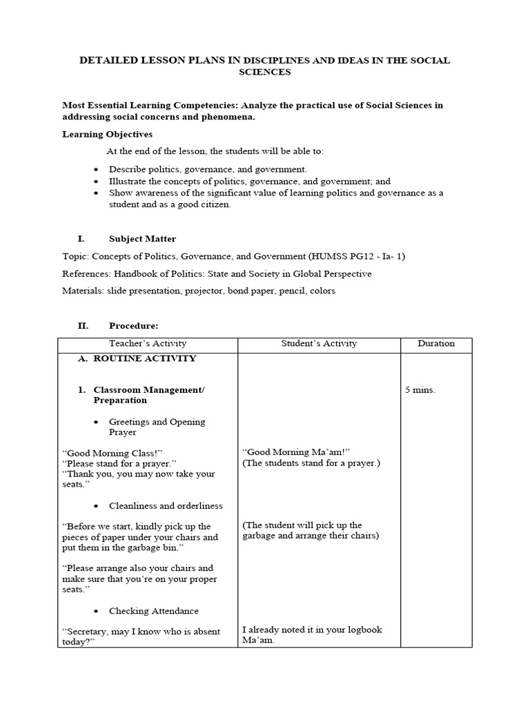 Detailed Lesson Plan in Philipphine Politics and Governance | PDF ...