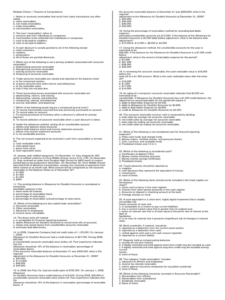 Accounts Receivable Theories & Problems | PDF | Debits And Credits | Bad Debt