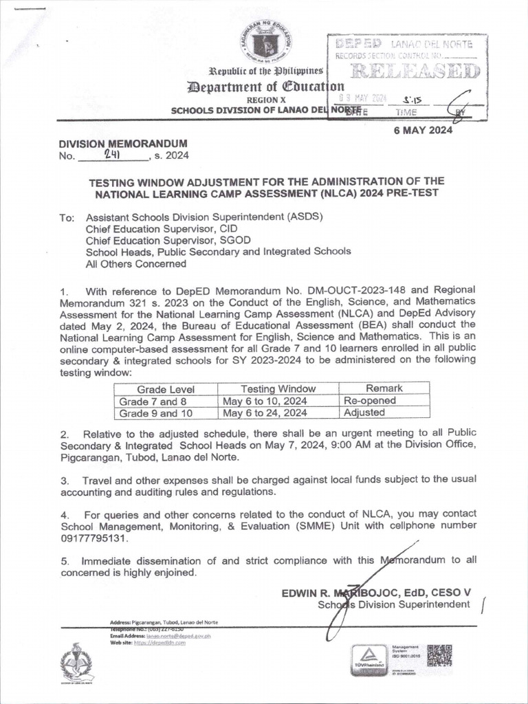 Testing Window Adjustment For The Administration of The National ...