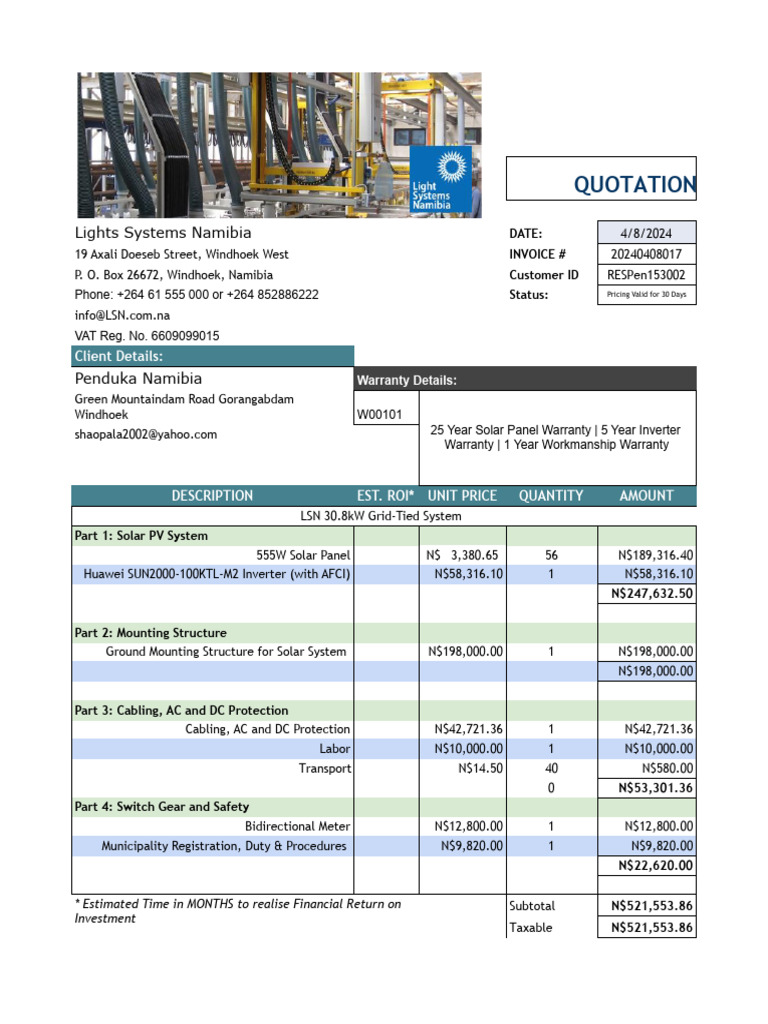 Solar System Invoice from Light Systems Namibia | PDF | Prices