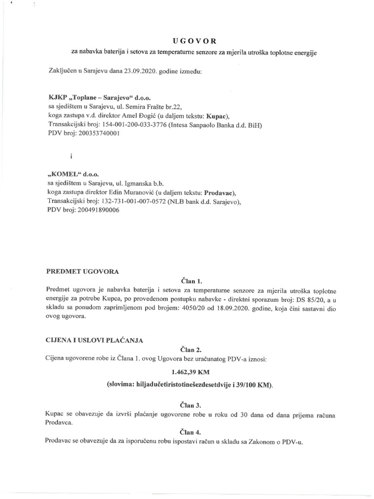 Ds 85 - 20 - Ugovor Za Nabavku Baterija I Setova Za Temperaturne Senzore Za Mjerila Utroska ...