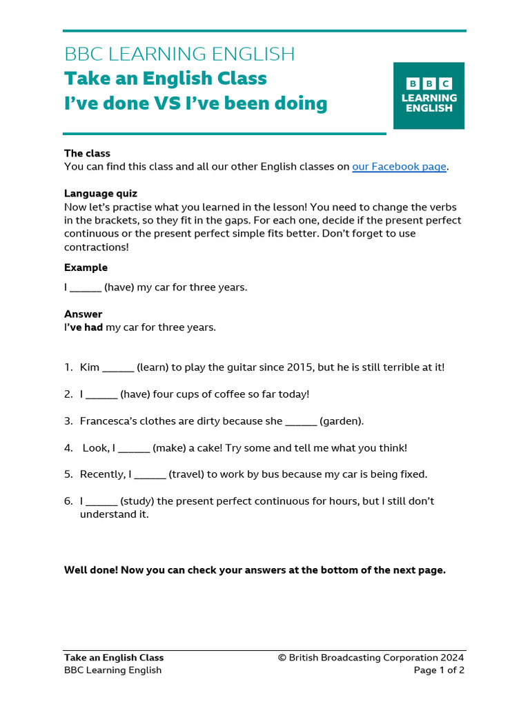 Take An English Class With Sian Present Perfect Continuous | PDF ...