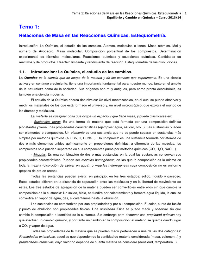 Tema 1 EQC 1314 | PDF | Estequiometría | Concentración
