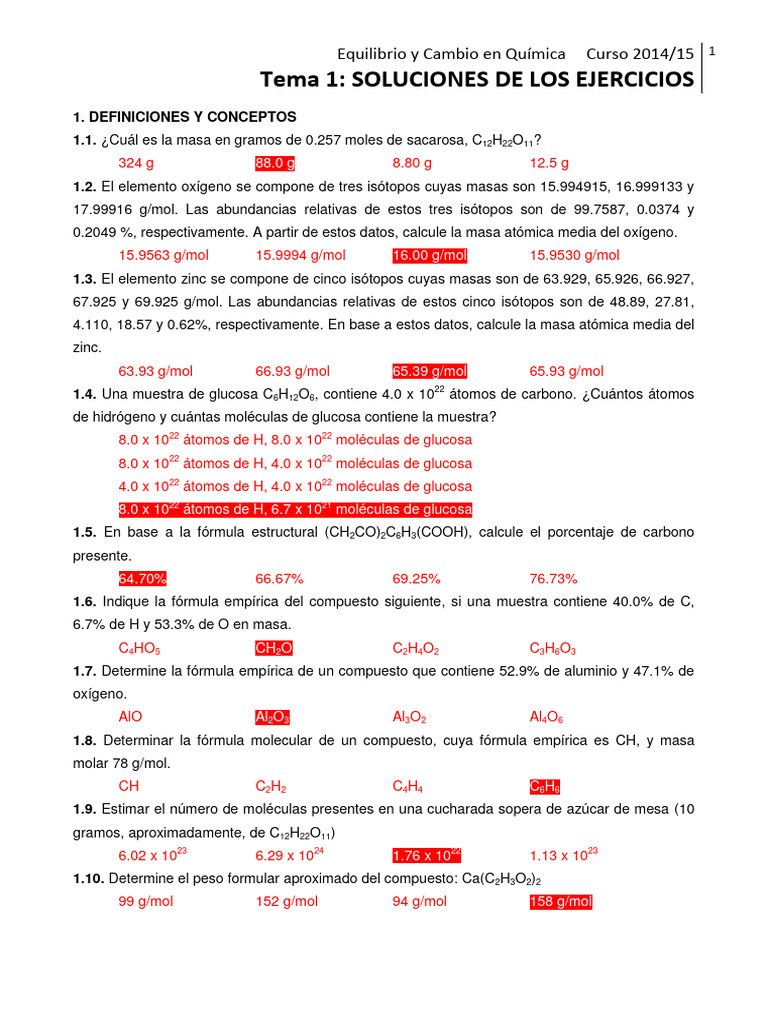 Tema_1_Ejercicios_Soluciones_1415 | PDF | Mole (Unidad) | Ácido