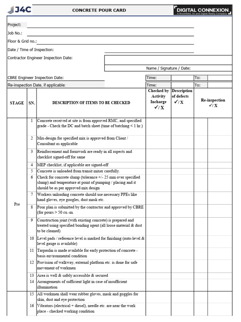 Checklist - Concrete Pour Card | PDF | Concrete | Building Materials