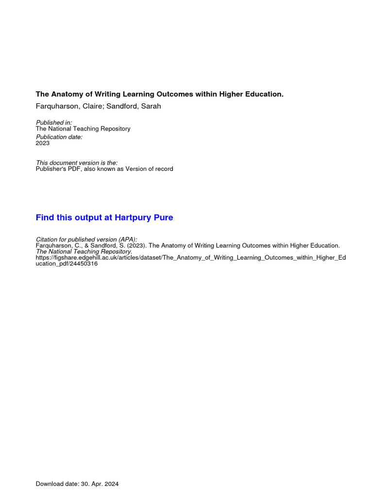 The Anatomy of Writing Learning Outcomes Within Higher Education | PDF | Learning | Educational ...