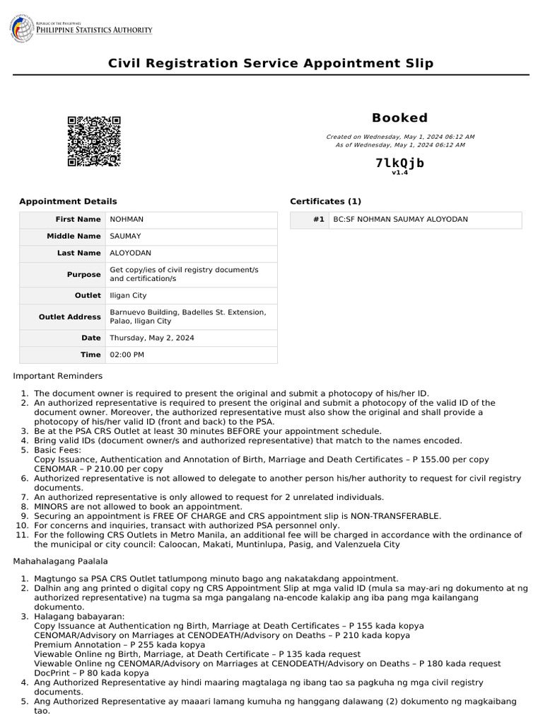 Civil Registration Service Appointment Slip | PDF