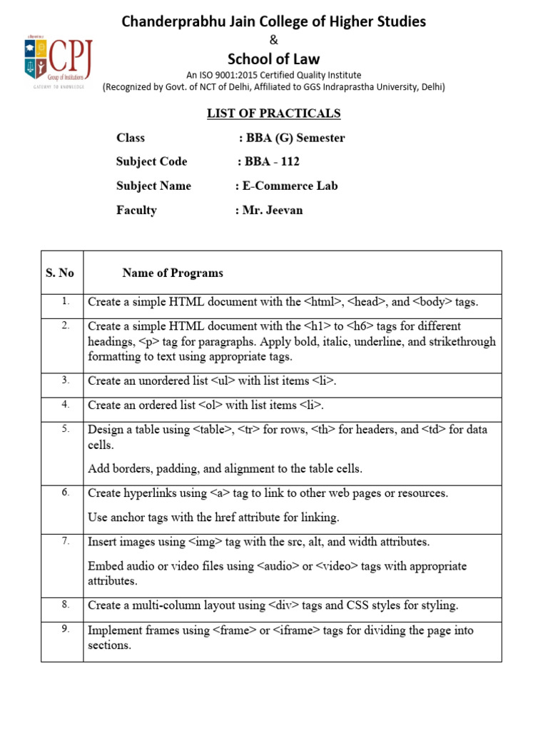 BBA E-Commerce Lab Practicals List | PDF