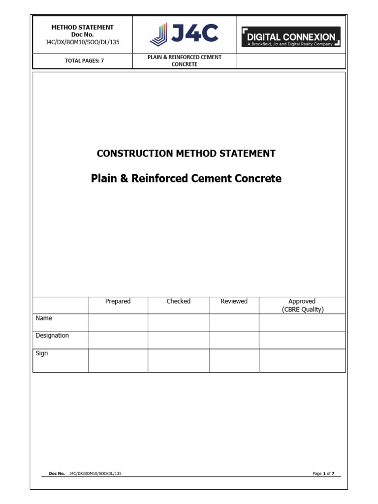 Cement Concrete Method Statement | PDF | Concrete | Structural Engineering
