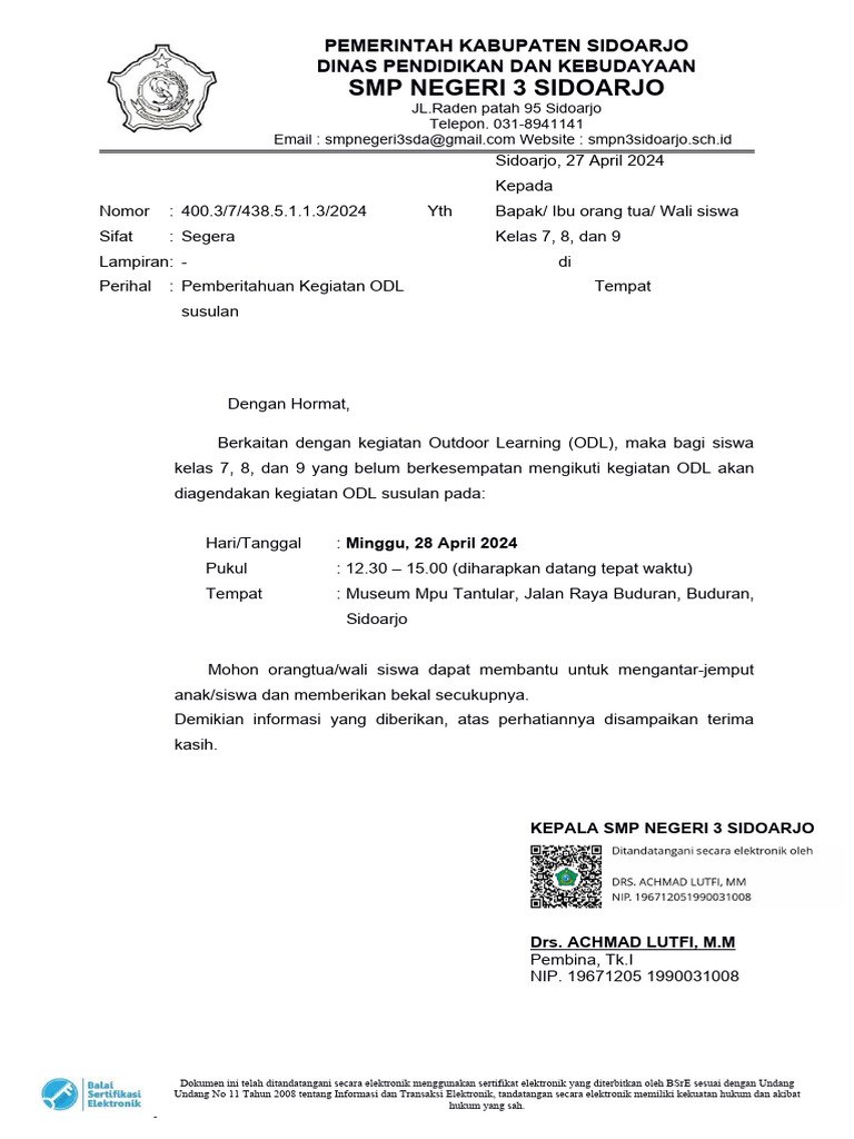 Surat Pemberitahuan ODL Susulan | PDF