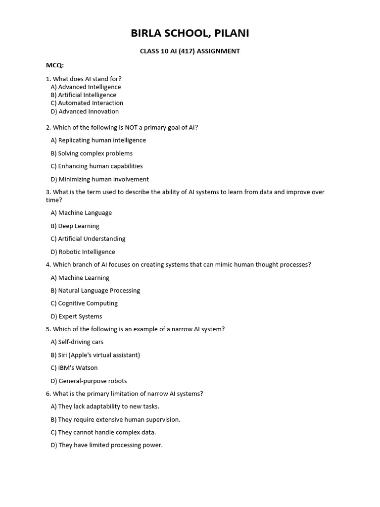 Class 10 AI Assignment: MCQs & Topics | PDF | Artificial Intelligence ...