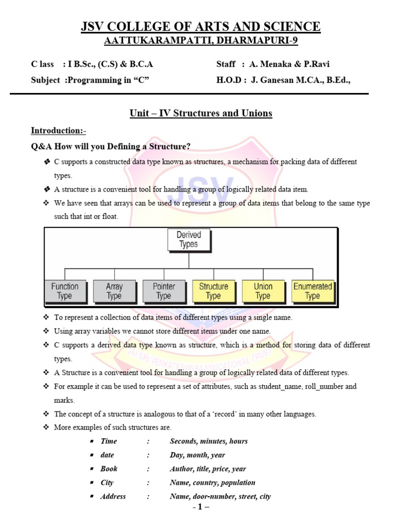 Unit - IV Structure and Union | PDF | Computer Programming | Computer Science