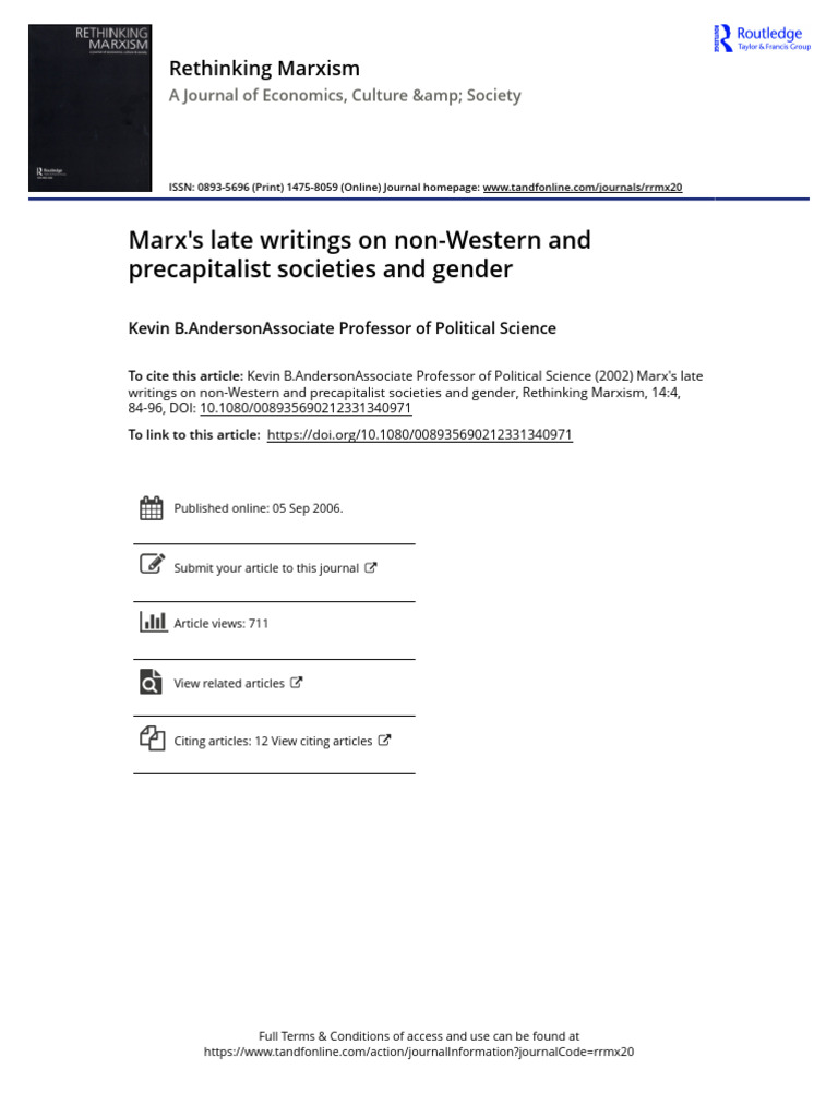 Marx S Late Writings On Non-Western and Precapitalist Societies and ...
