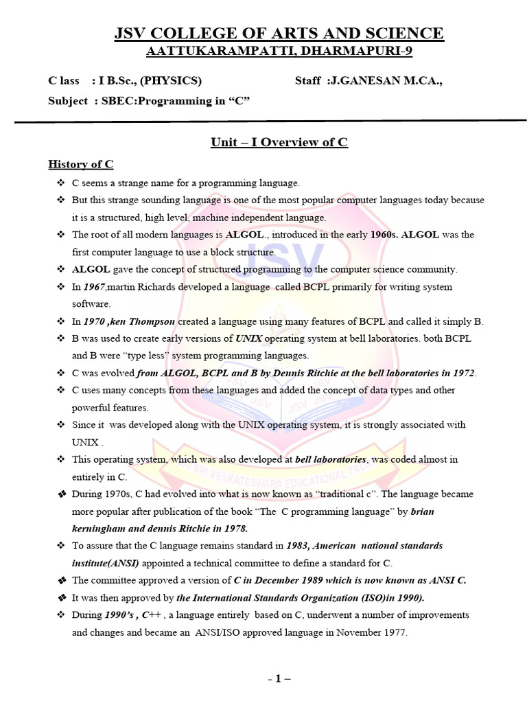 Unit I Overview Of C Pdf Computer Program Programming
