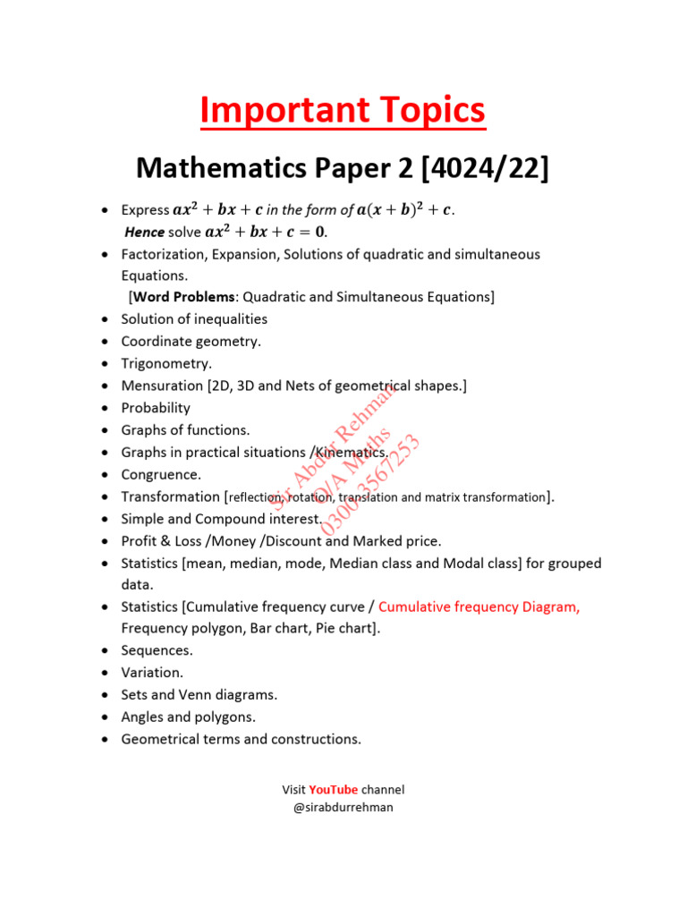 Important Topics For O Level Maths P2 CAIE 2024 | PDF