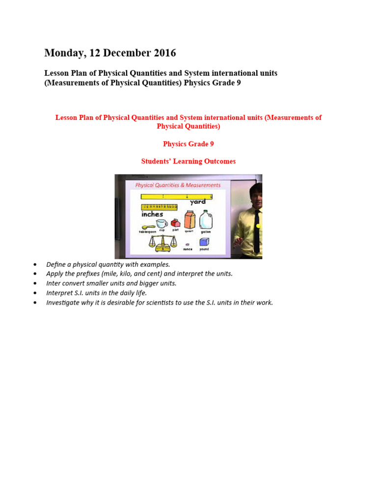 Lesson Plan of Physical Quantities and System international units ... Lesson Plan of Physical Quantities and System international units ...