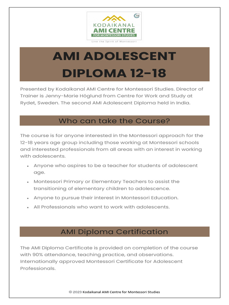 Kodaikanal Ami Adolescent Diploma 2024 Info | PDF | Montessori Education