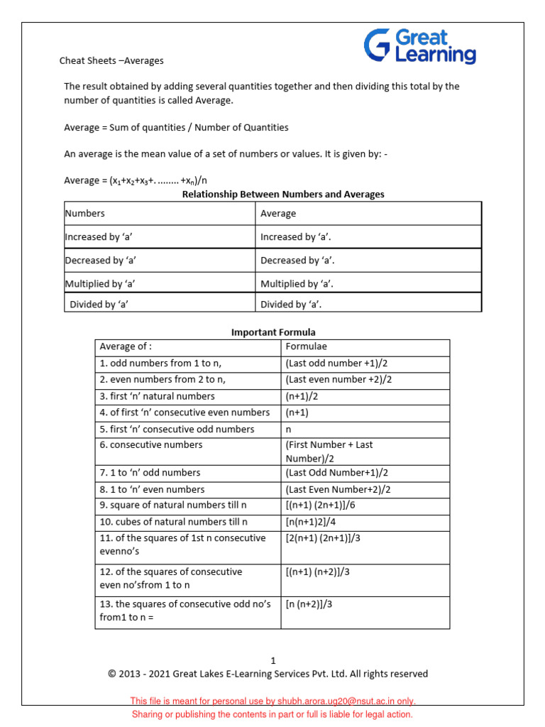 Cheat Sheets - Averages | PDF | Mathematical Concepts | Numbers