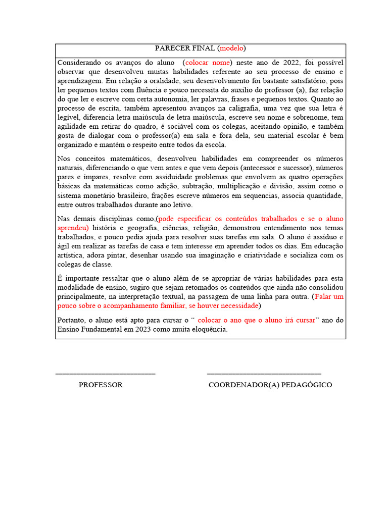 Modelo PARECER FINAL-2 | PDF | Aprendizado | Pedagogia