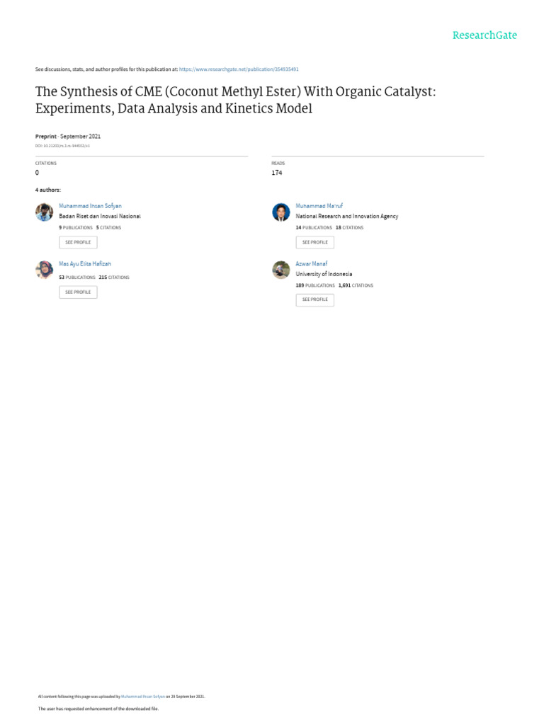 The Synthesis of CME (Coconut Methyl Ester) With Organic Catalyst ...