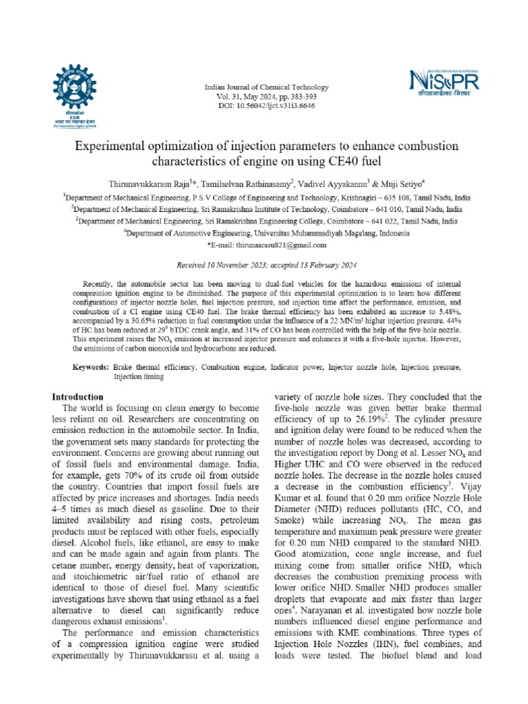 2024 - Experimental Optimization of Injection Parameters To Enhance Combustion Characteristics ...