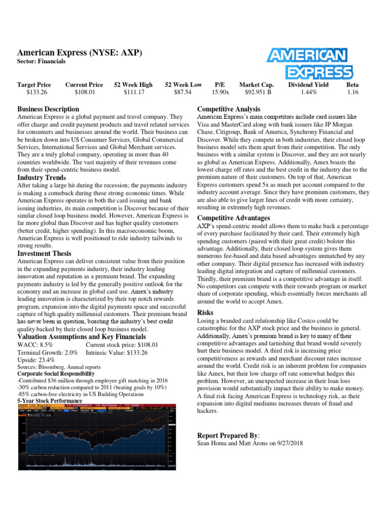 American Express (NYSE: AXP) : Business Description Competitive Analysis | PDF | American ...