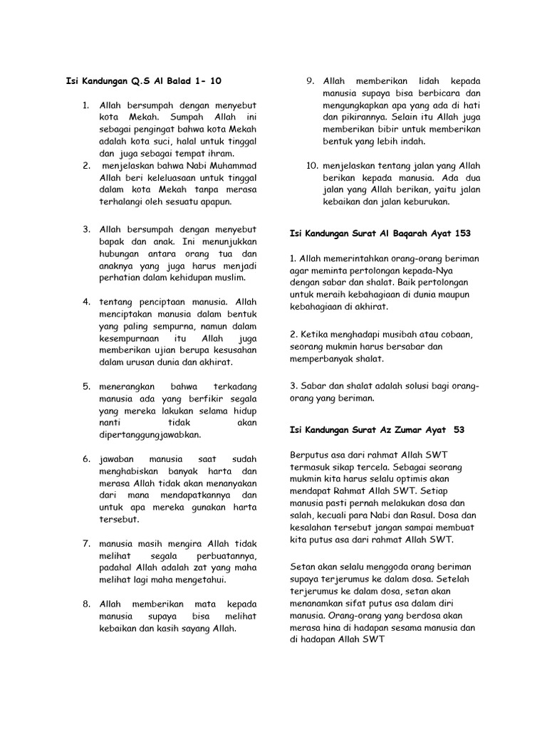 Isi Kandungan Q.S. Al-Balad, Al Baqarah Dan Azzumar | PDF