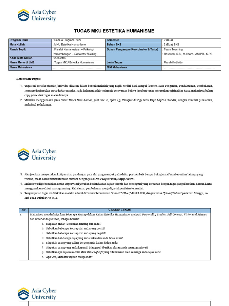 TUGAS MKU ESTETIKA HUMANISME Genap 2023 - 2024 - Share | PDF